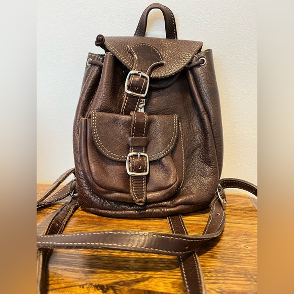 Bags | Roots Brown Leather Mini Backpack Purse With Buckle Accents ...